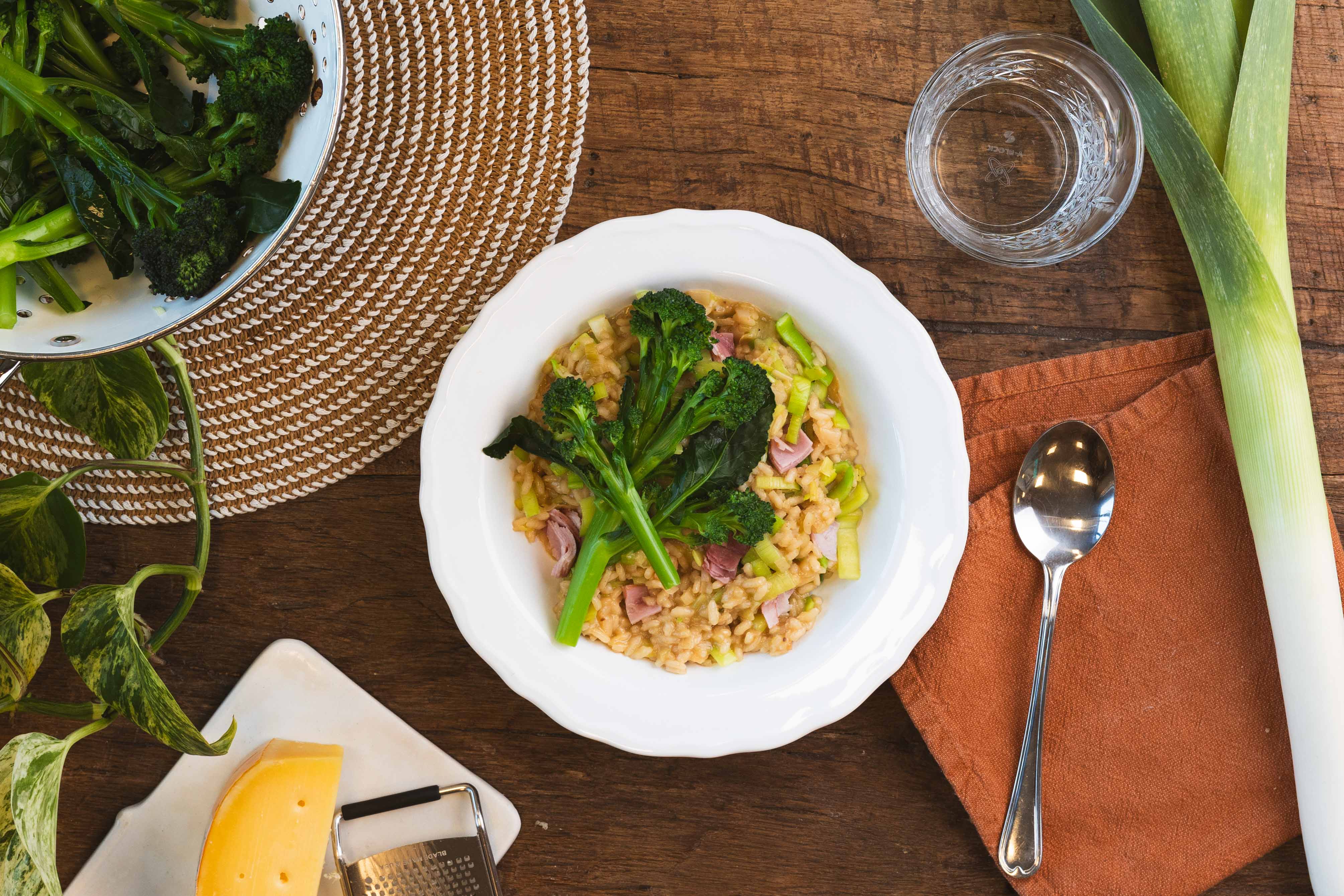 Preirisotto met sprouting broccoli en oude kaas